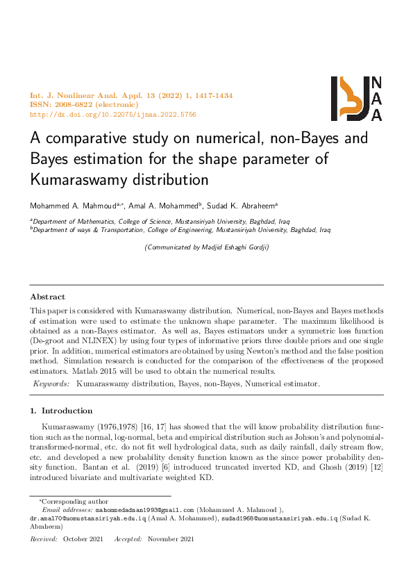 (PDF) A comparative study on numerical, non-Bayes and Bayes estimation for the shape parameter ...