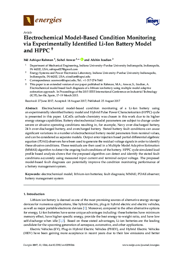 Pdf Electrochemical Model Based Condition Monitoring Via Experimentally Identified Li Ion