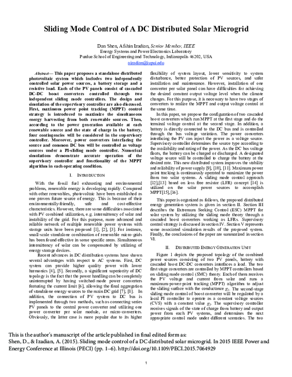 (PDF) Sliding mode control of a DC distributed solar microgrid