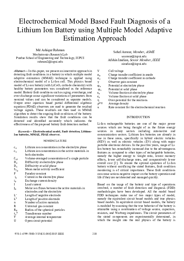(PDF) Electrochemical model based fault diagnosis of a lithium ion battery using multiple model ...