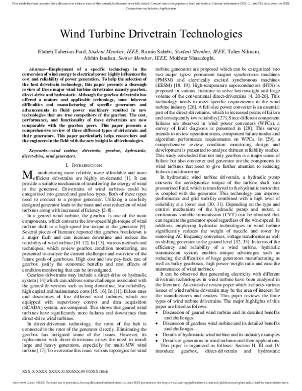 Pdf Wind Turbine Drivetrain Technologies