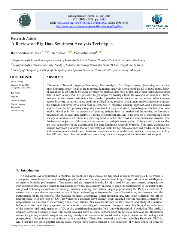 (PDF) A Review on Big Data Sentiment Analysis Techniques | Mesopotamian Journal of Big Data ...