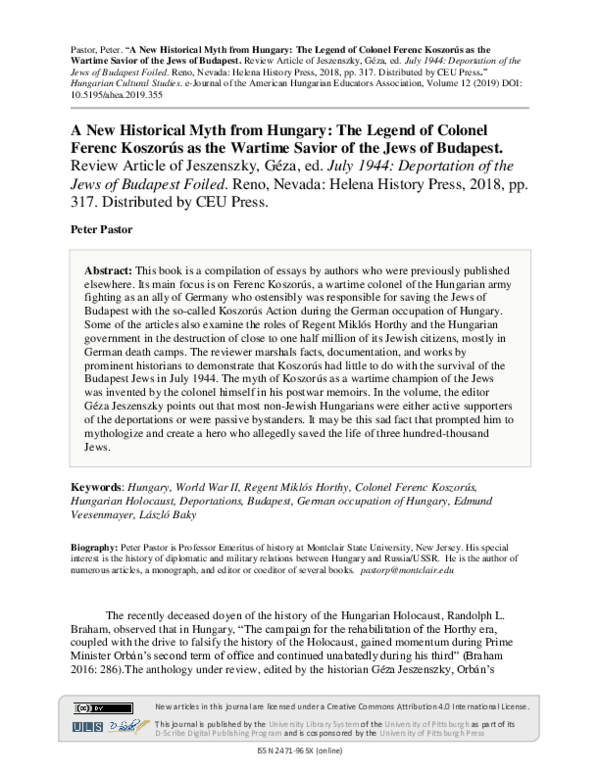 (PDF) A New Historical Myth from Hungary: The Legend of Colonel Ferenc Koszorús as the Wartime ...
