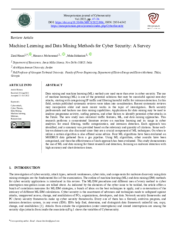 Pdf Machine Learning And Data Mining Methods For Cyber Security A Survey 8494