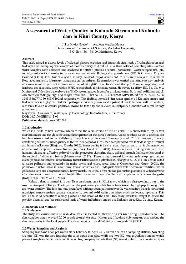 (PDF) Assessment of Water Quality in Kalundu Stream and Kalundu dam in ...