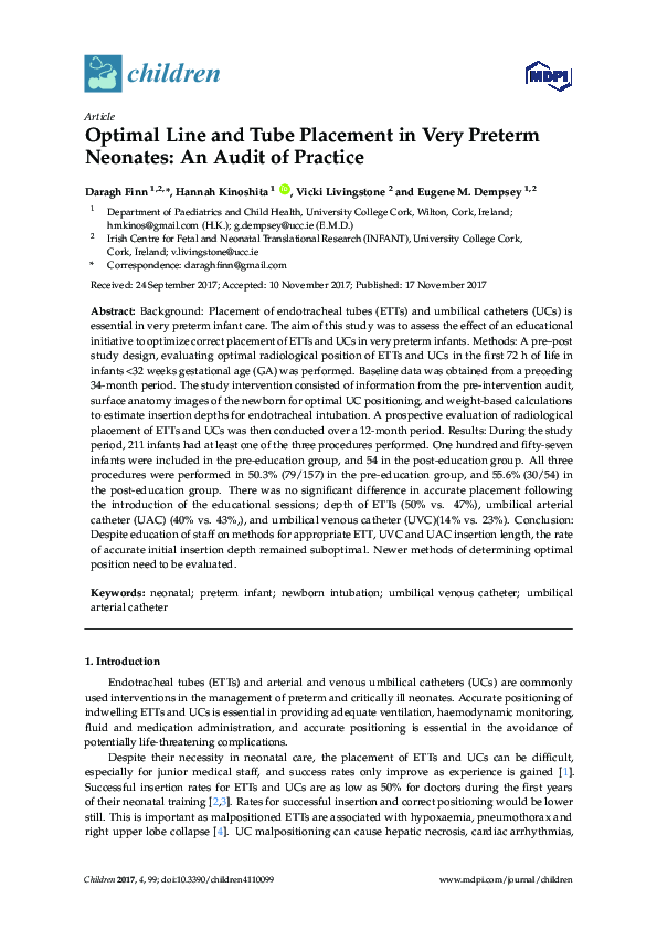 (PDF) Optimal Line and Tube Placement in Very Preterm Neonates: An ...