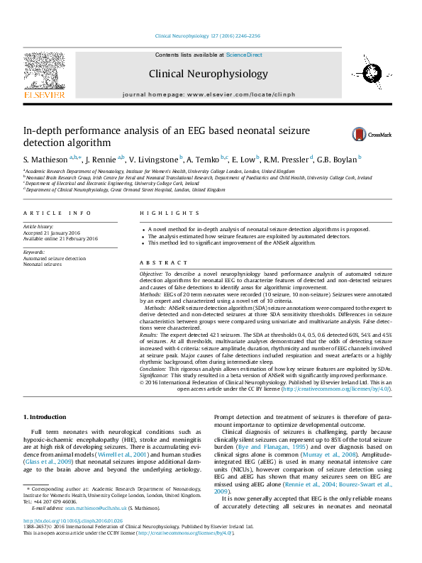 Pdf In Depth Performance Analysis Of An Eeg Based Neonatal Seizure Detection Algorithm Vicki