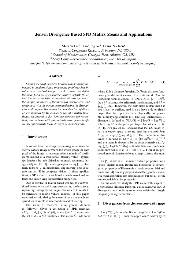 (PDF) Jensen divergence based SPD matrix means and applications