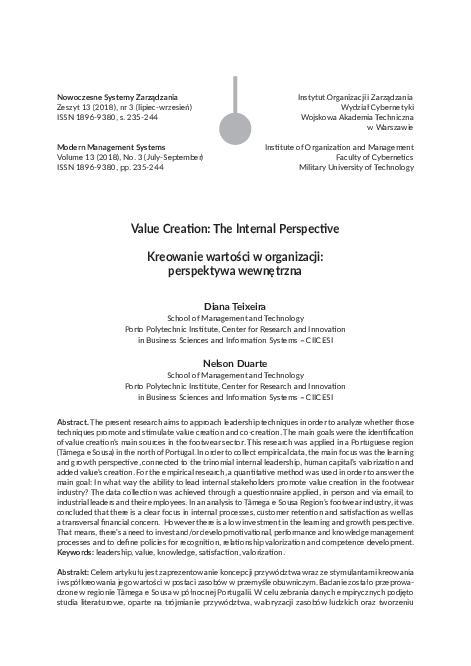 (PDF) Value creation: the internal perspective