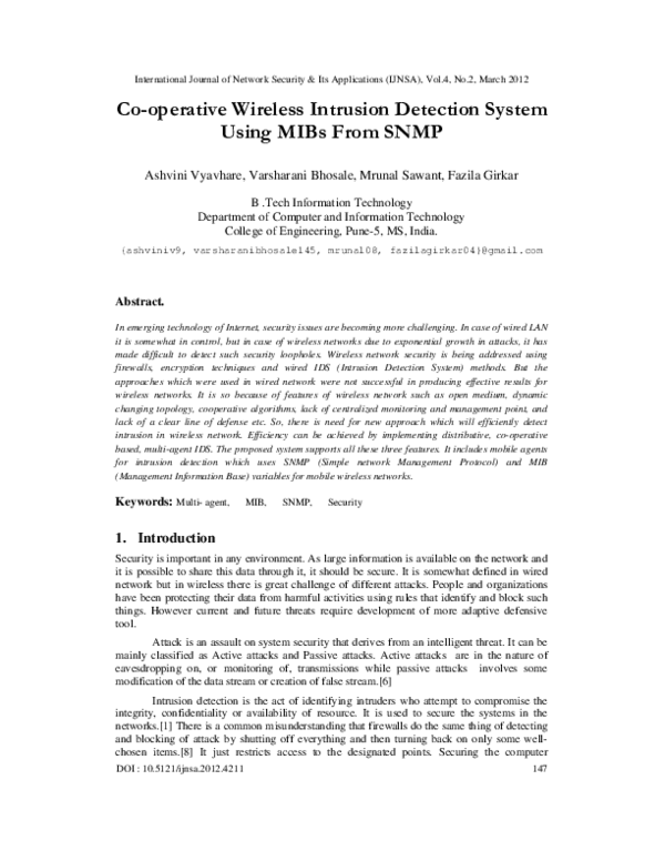 Pdf Cooperative Mobile Agent Ids For Wireless Networks Using Snmp