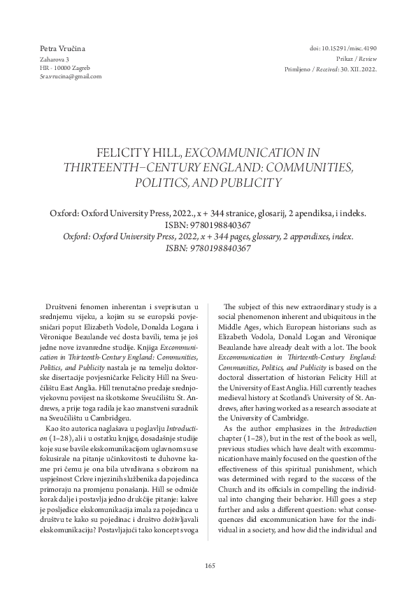 (PDF) FELICITY HILL, EXCOMMUNICATION IN THIRTEENTH–CENTURY ENGLAND ...