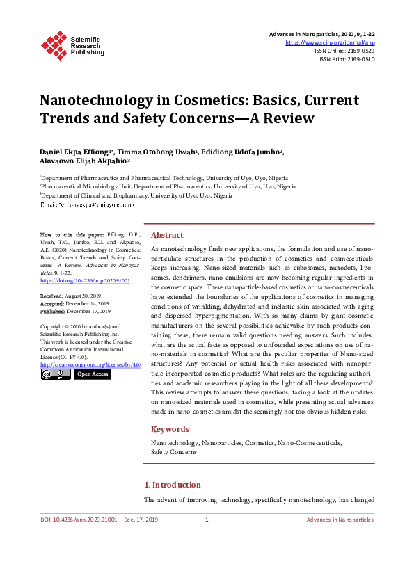 (PDF) Nanotechnology in Cosmetics: Basics, Current Trends and Safety ...