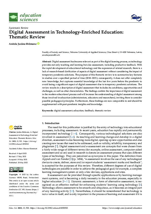 (PDF) Digital Assessment in Technology-Enriched Education: Thematic Review