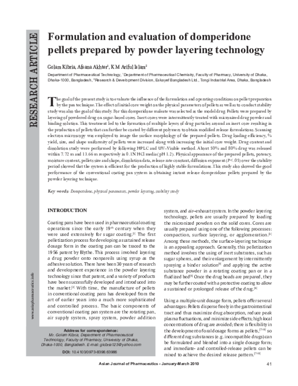 (PDF) Formulation and evaluation of domperidone pellets prepared by powder layering technology