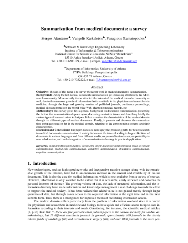 (PDF) Summarization from medical documents: a survey