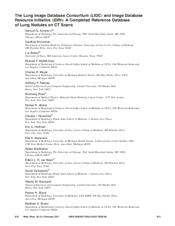 Pdf The Lung Image Database Consortium Lidc And Image Database Resource Initiative Idri A