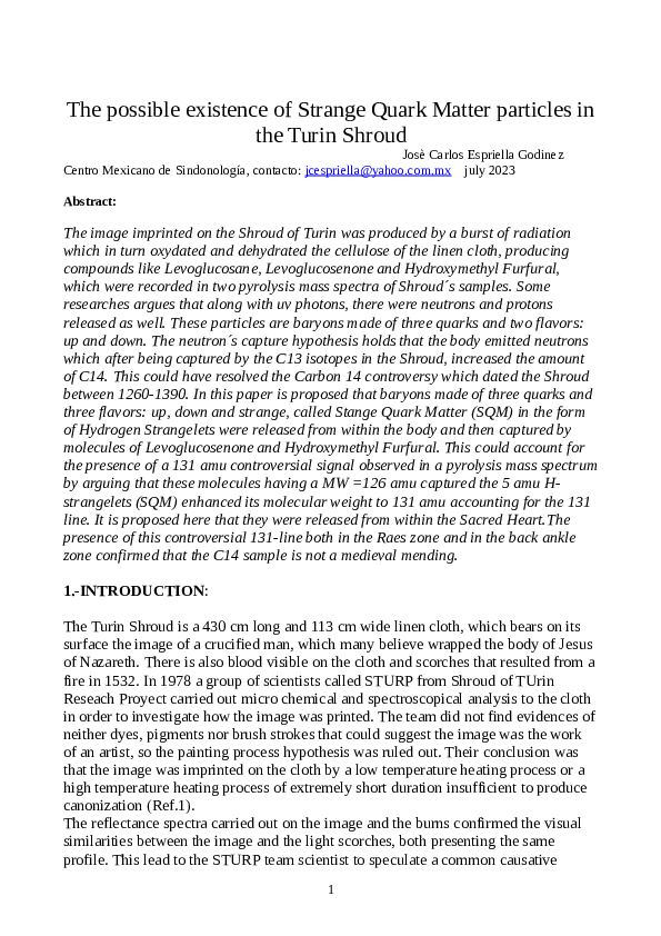 (DOC) The possible existence of Strange Quark Matter particles in the Turin Shroud