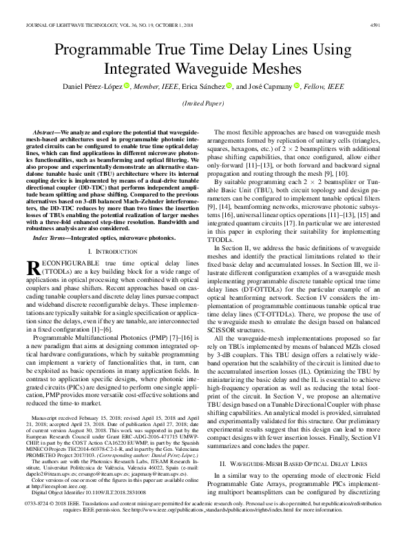 (PDF) Programmable True Time Delay Lines Using Integrated Waveguide Meshes