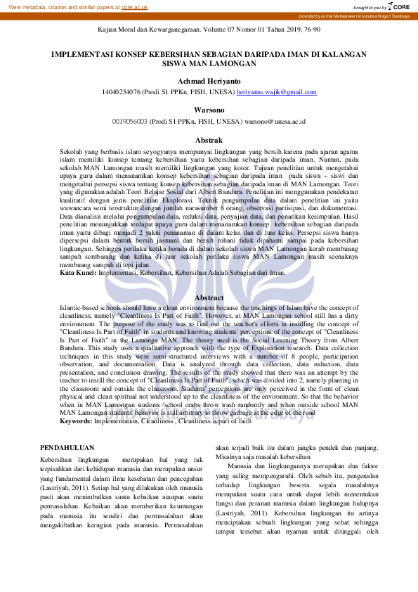 (PDF) Implementasi Konsep Kebersihan Sebagian Daripada Iman DI Kalangan Siswa Man Lamongan ...
