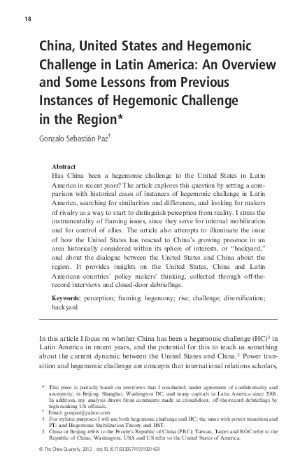 (PDF) China, United States and Hegemonic Challenge in Latin America: An ...