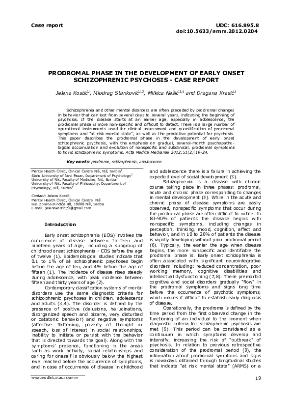 (PDF) Prodromal Phase in the Development of Early Onset Schizophrenic ...
