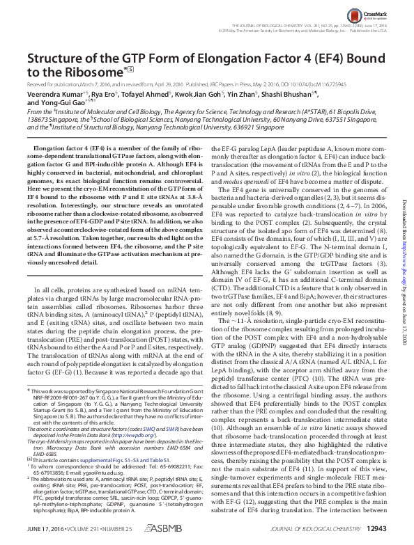 (PDF) Structure of the GTP Form of Elongation Factor 4 (EF4) Bound to ...