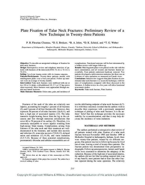 (PDF) Plate Fixation of Talar Neck Fractures: Preliminary Review of a ...