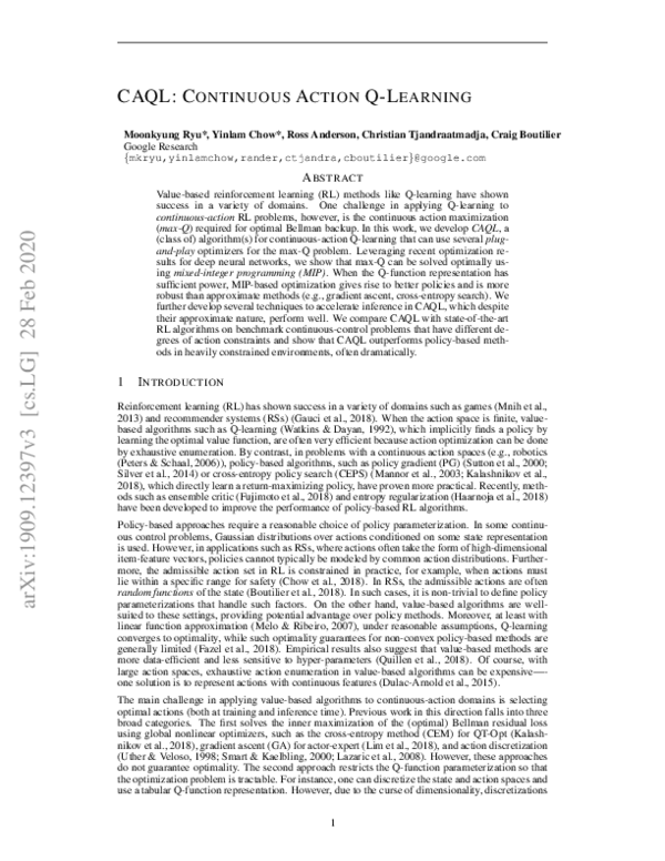 (PDF) CAQL: Continuous Action Q-Learning