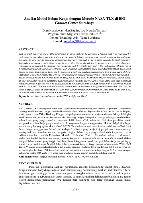 (PDF) Analisa Model Beban Kerja dengan Metode NASA-TLX di BNI Contact Center Surabaya