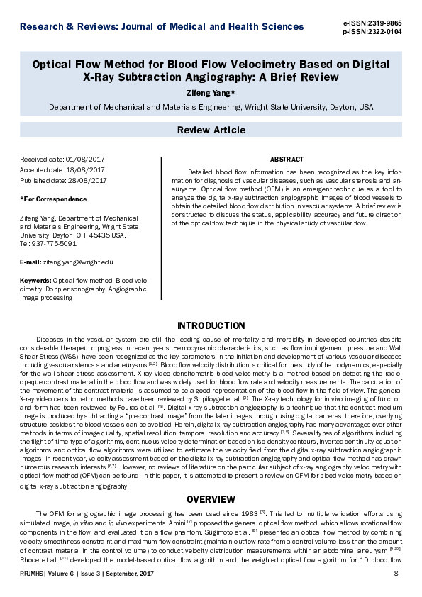 (PDF) Optical Flow Method for Blood Flow Velocimetry Based on DigitalX ...