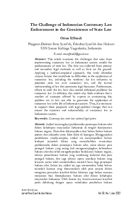 (PDF) The Challenge of Indonesian Customary Law Enforcement in the Coexistence of State Law