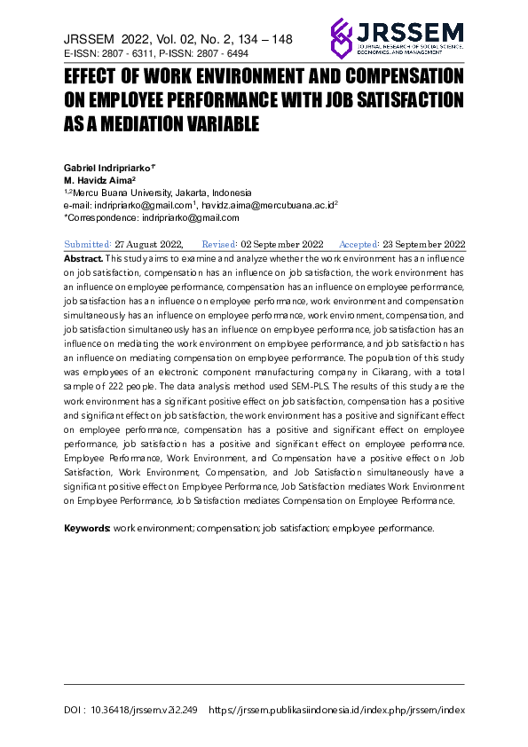 (PDF) Effect of Work Environment and Compensation on Employee Performance with Job Satisfaction ...