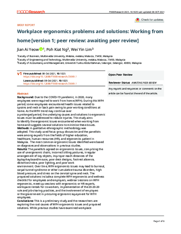 (PDF) Workplace ergonomics problems and solutions: Working from home