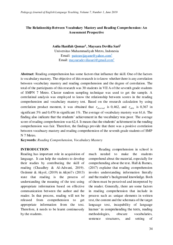 (PDF) The Relationship Between Vocabulary Mastery and Reading Comprehension: An Assessment ...
