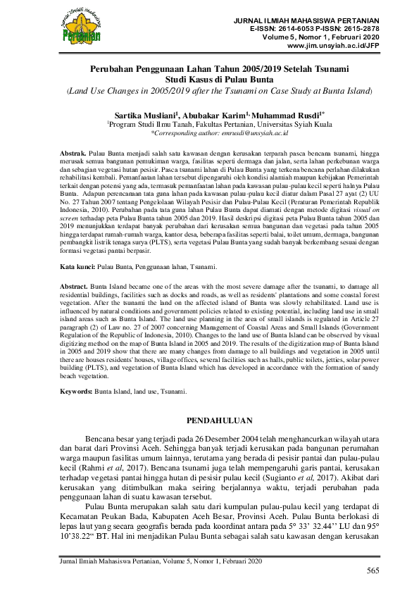 (PDF) Perubahan Penggunaan Lahan Tahun 2005/2019 setelah Tsunami Studi Kasus di Pulau Bunta