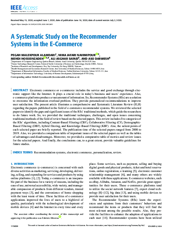 (PDF) A Systematic Study on the Recommender Systems in the E-Commerce