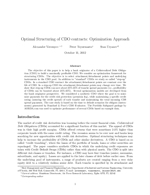 (PDF) Optimal Structuring of CDO contracts: Optimization Approach