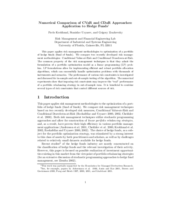 Pdf Numerical Comparison Of Cvar And Cdar Approaches Application To