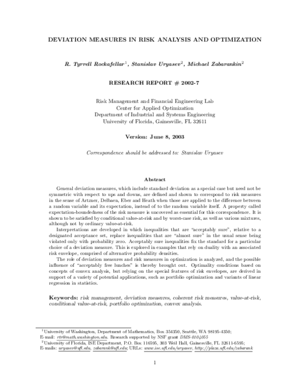 (PDF) Deviation Measures in Risk Analysis and Optimization