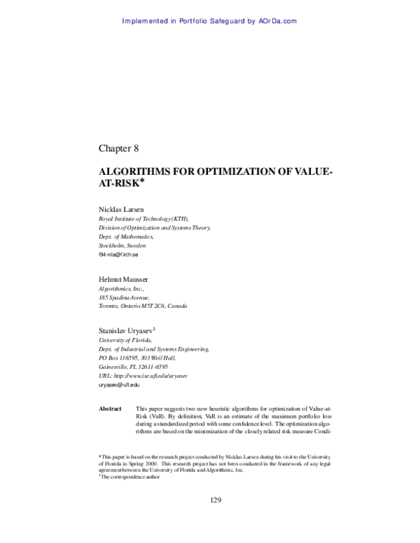 (PDF) Algorithms for Optimization of Value-at-Risk