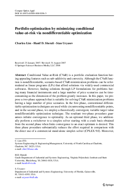 (PDF) Portfolio optimization by minimizing conditional value-at-risk via nondifferentiable ...