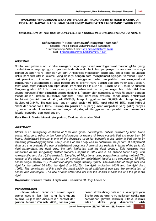 (PDF) Evaluasi Penggunaan Obat Antiplatelet Pada Pasien Stroke Iskemik ...