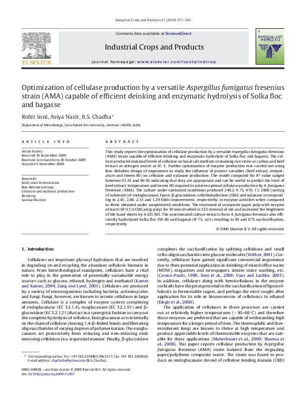 (PDF) Optimization of cellulase production by a versatile Aspergillus ...