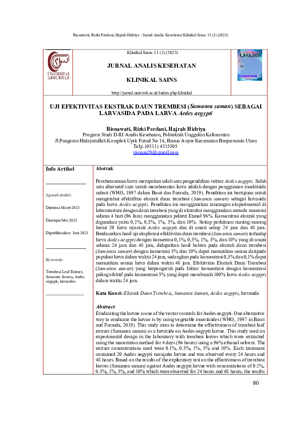(PDF) Uji Efektivitas Ekstrak Daun Trembesi (Samanea Saman) Sebagai ...