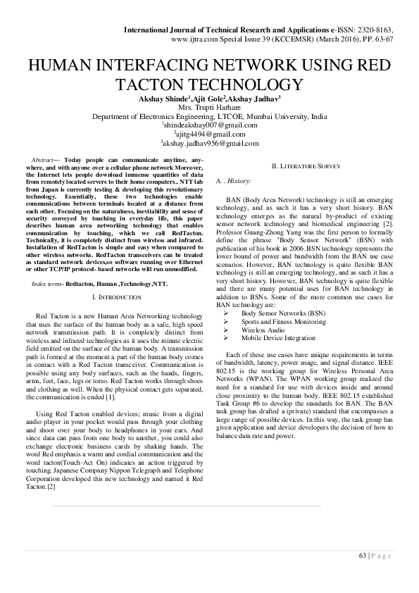 (PDF) Human Interfacing Network Using Red Tacton Technology