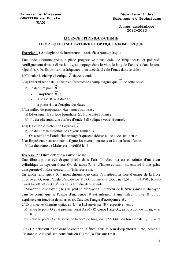 (PDF) LICENCE I PHYSIQUE-CHIMIE TD OPTIQUE ONDULATOIRE ET OPTIQUE GEOMETRIQUE Exercice 1 ...