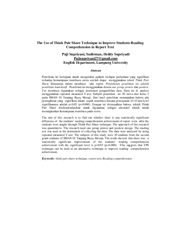 (PDF) The Use of Think Pair Share Technique to Improve Students’ Reading Comprehension