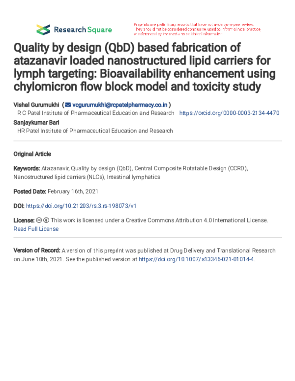 (PDF) Quality by design (QbD)–based fabrication of atazanavir-loaded ... (PDF) Quality by design (QbD)–based fabrication of atazanavir-loaded ...