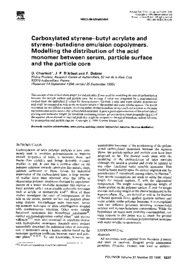 Pdf Carboxylated Styrene Butyl Acrylate And Styrene Butadiene Emulsion Copolymers Modelling