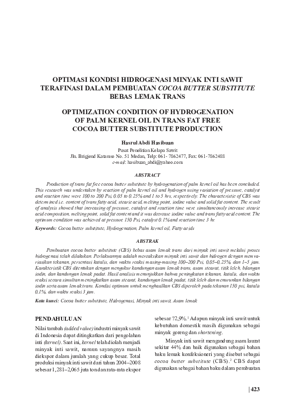 (PDF) Optimization Condition of Hydrogenation of Palm Kernel Oil in Trans Fat Free Cocoa Butter ...